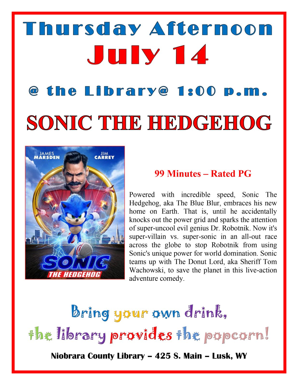 Thursday Movie - Sonic the Hedgehog - Niobrara County Library