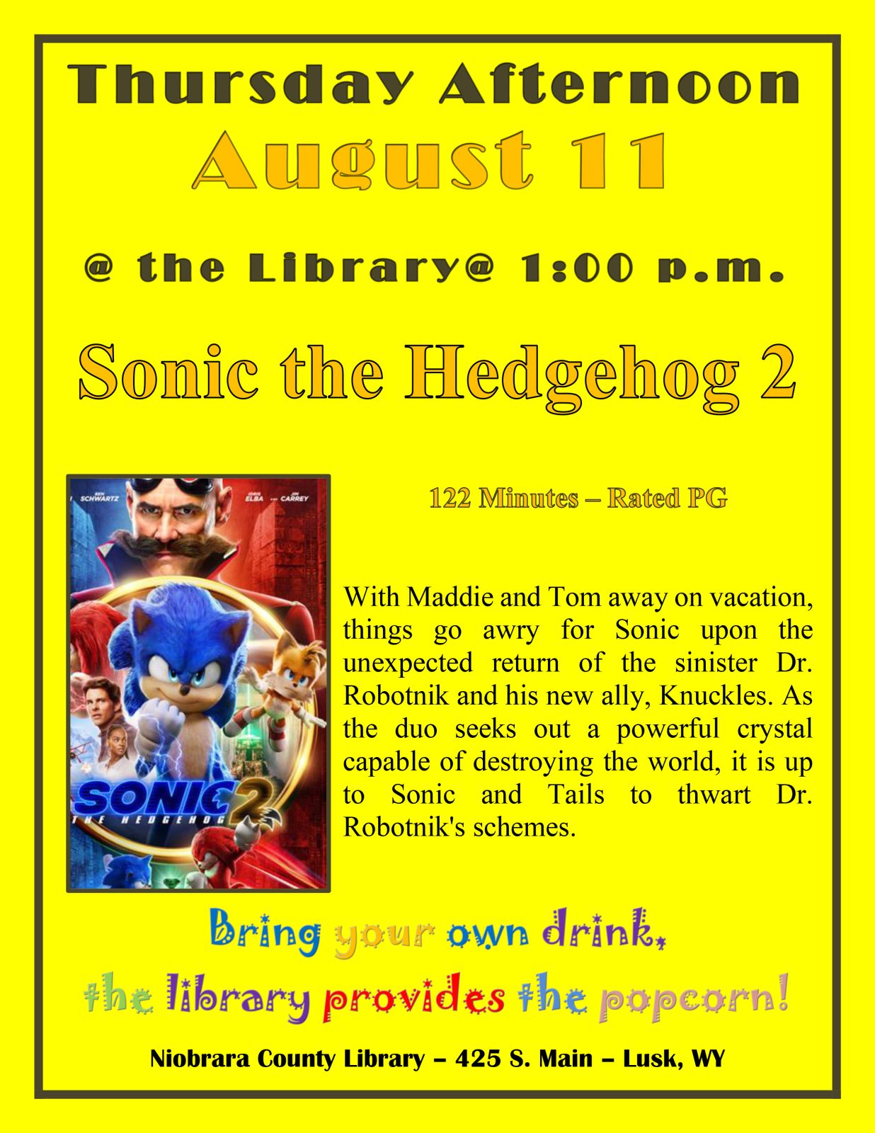Thursday Movie - Sonic the Hedgehog 2 - Niobrara County Library